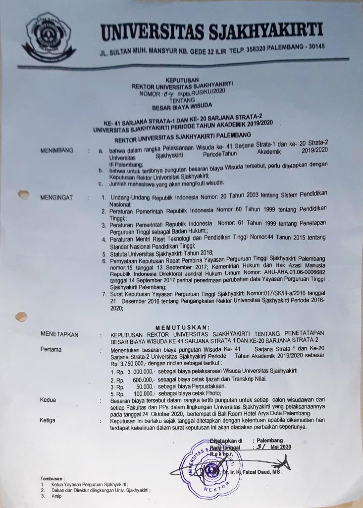 Biaya Wisuda ke-41 S1 dan ke-20 S2 UNISTI Periode T.A. 2019/2020 ...