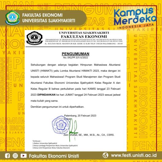 Perubahan Hari Perkuliahan – Fakultas Ekonomi Universitas Sjakhyakirti